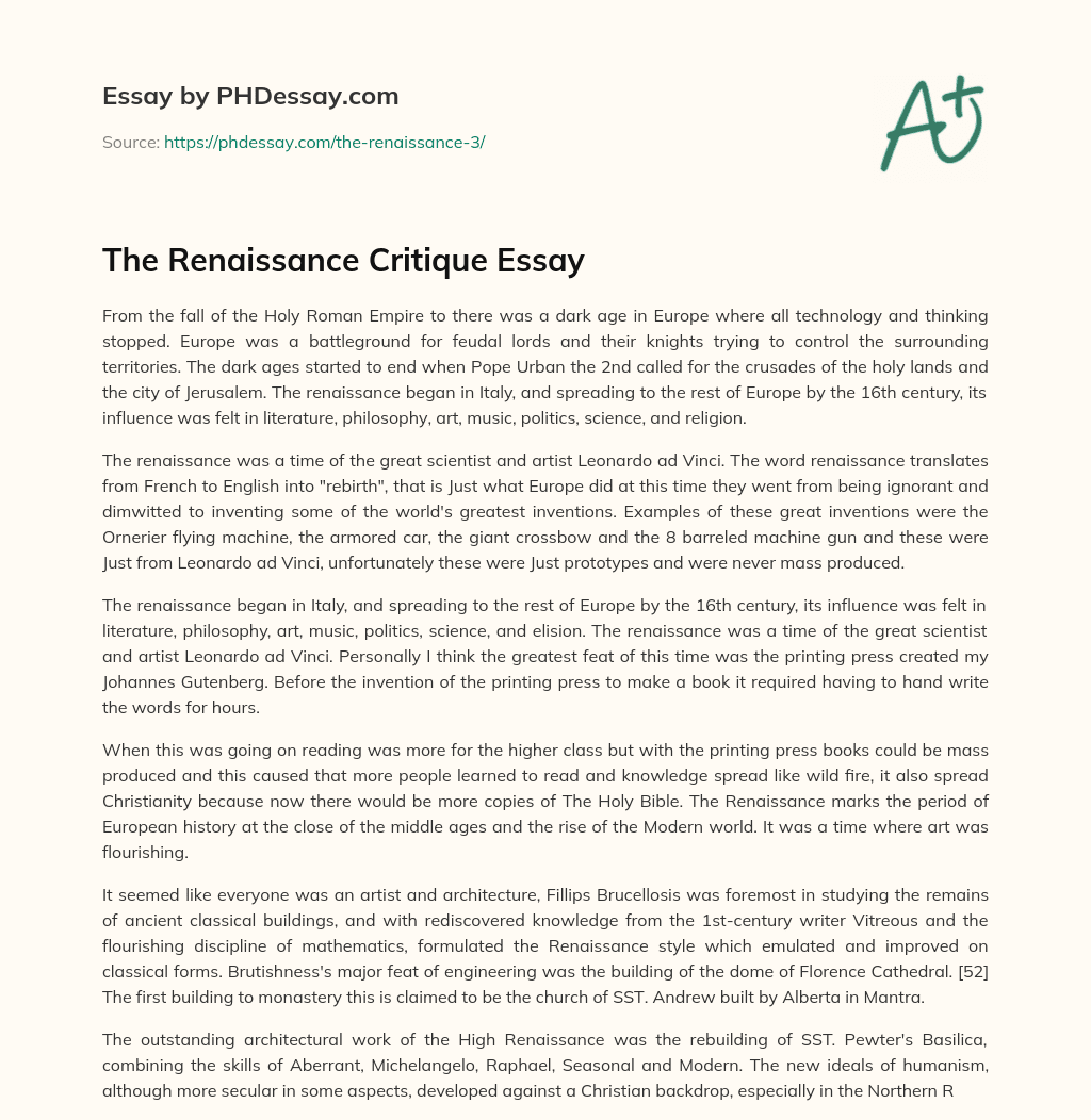 The Renaissance Critique Essay (600 Words) - PHDessay.com