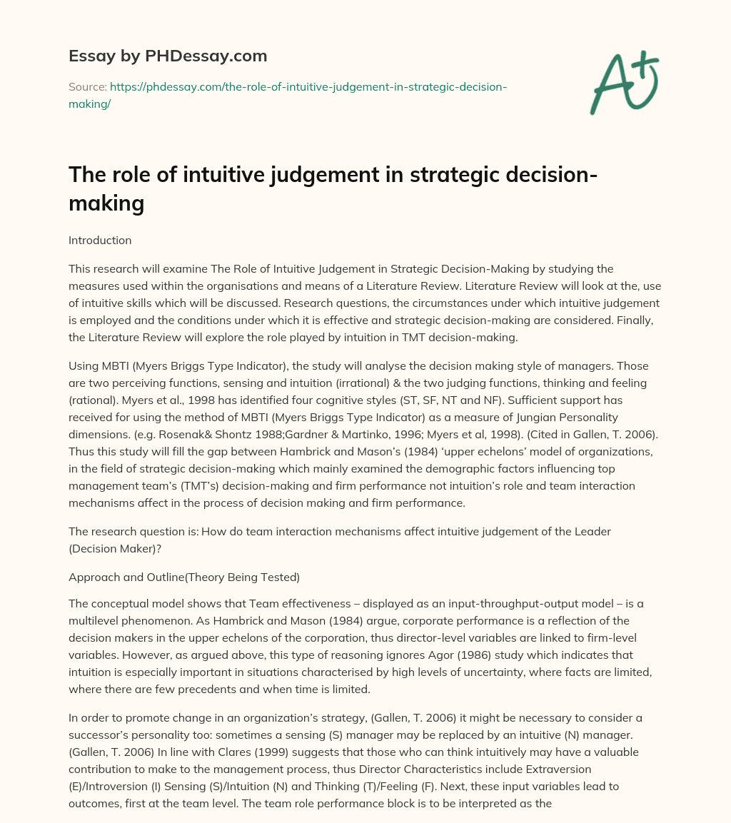The role of intuitive judgement in strategic decision-making - PHDessay.com