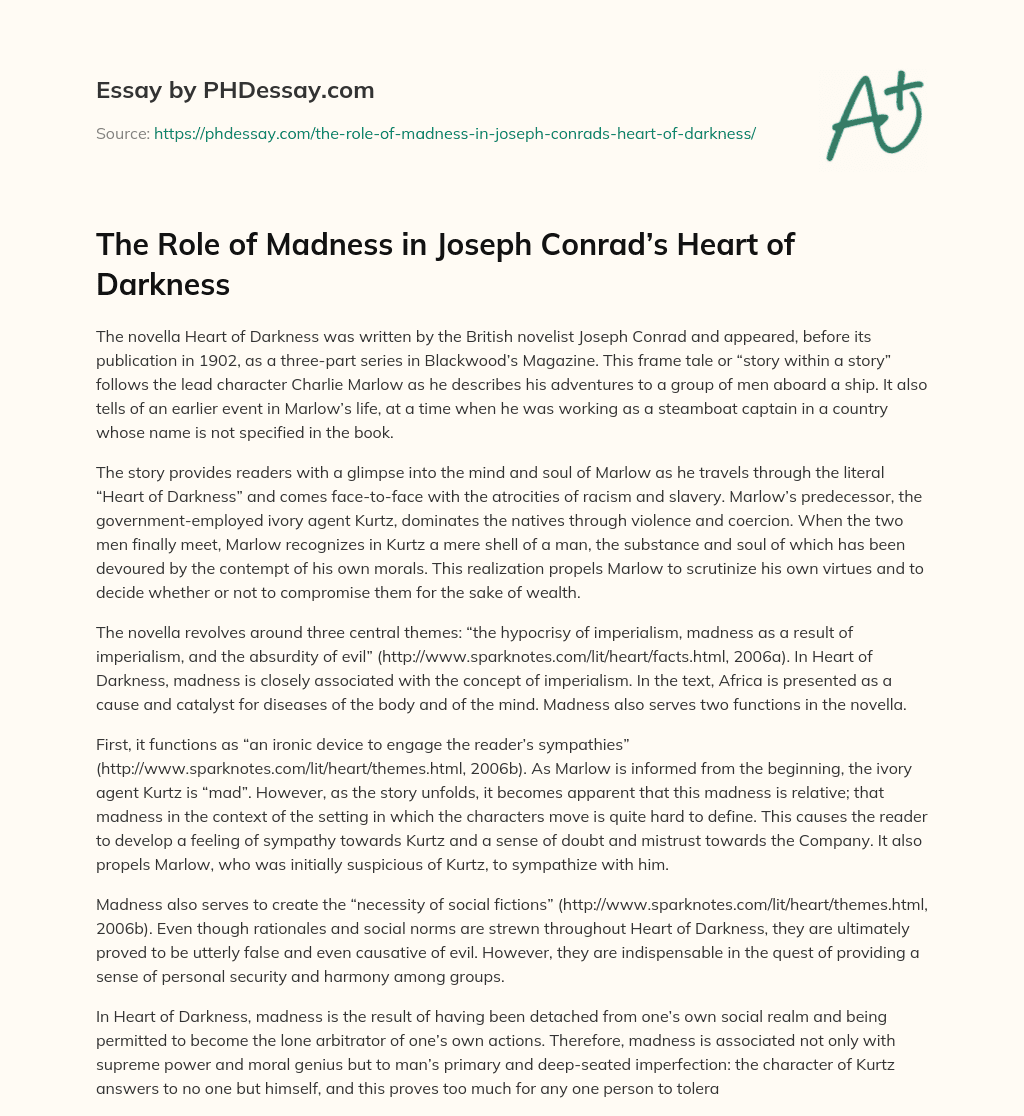 The Role Of Madness In Joseph Conrad’S Heart Of Darkness Essay Example ...