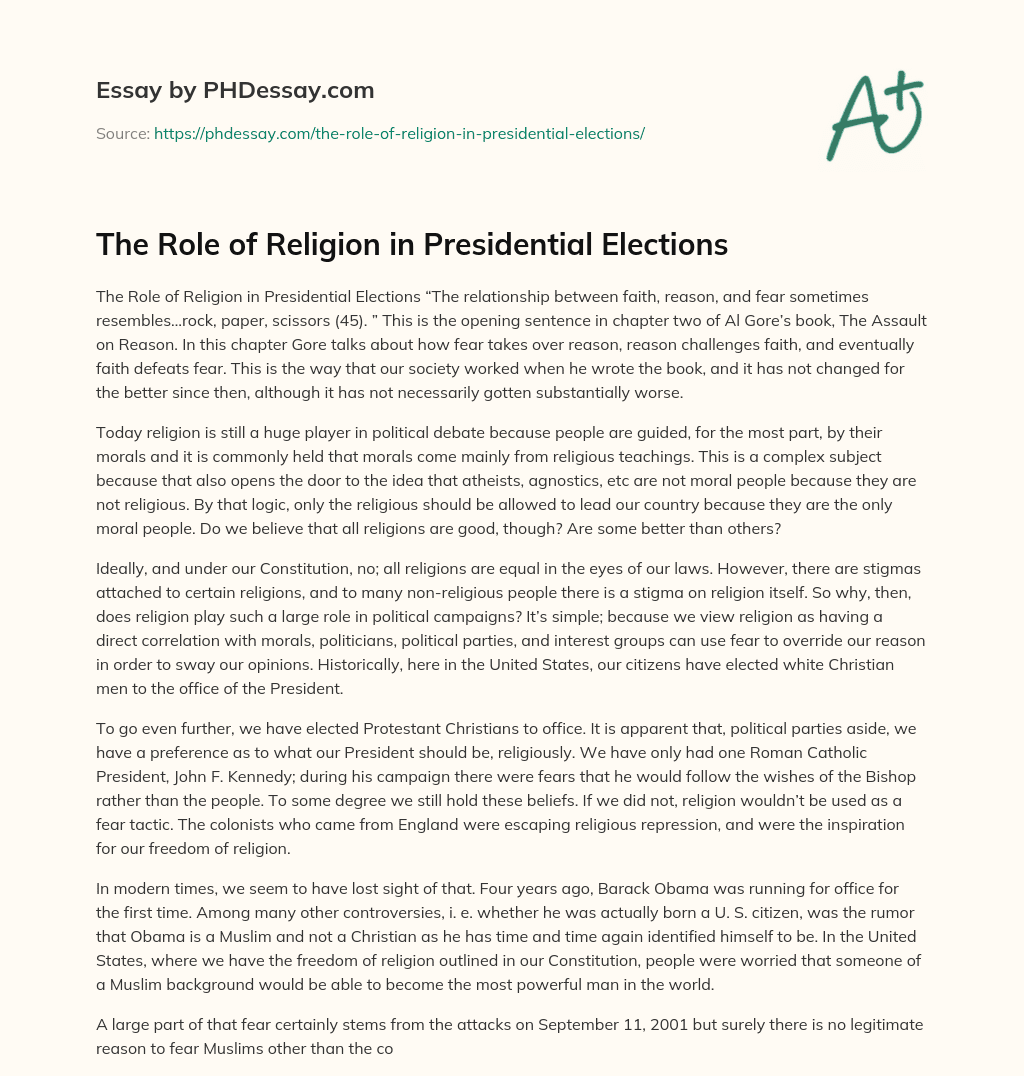 The Role of Religion in Presidential Elections - PHDessay.com