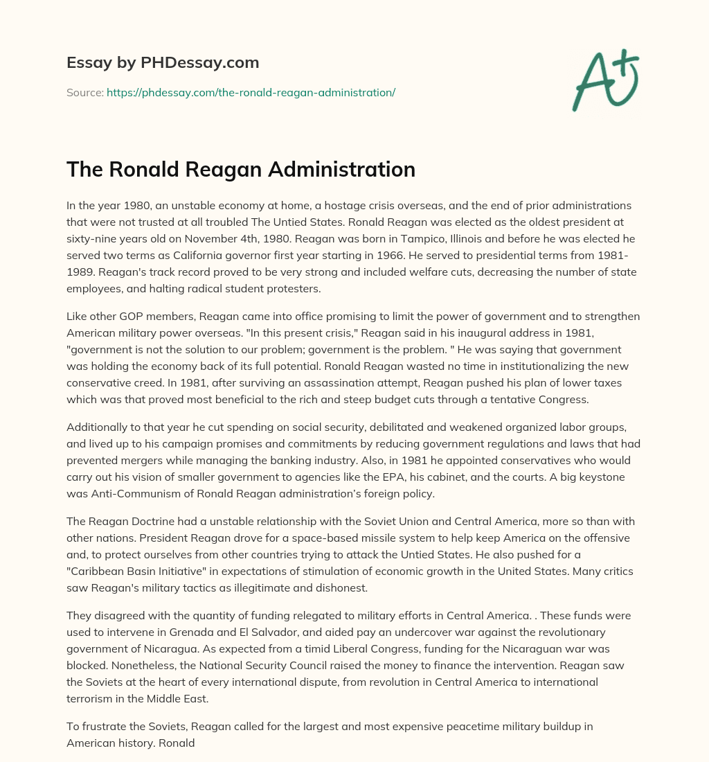 The Ronald Reagan Administration - PHDessay.com