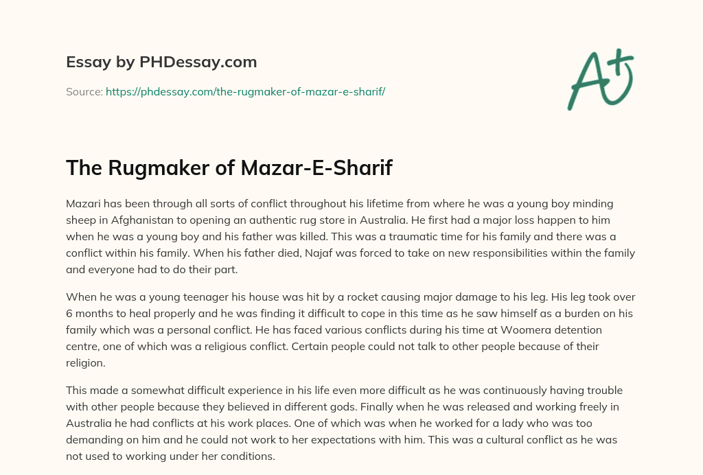 The Rugmaker of Mazar-E-Sharif (300 Words) - PHDessay.com