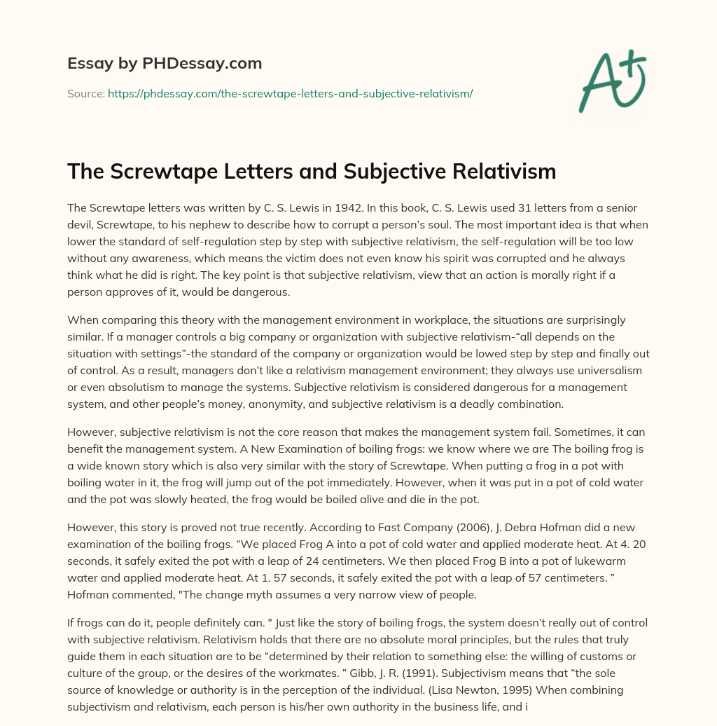 The Screwtape Letters and Subjective Relativism - PHDessay.com