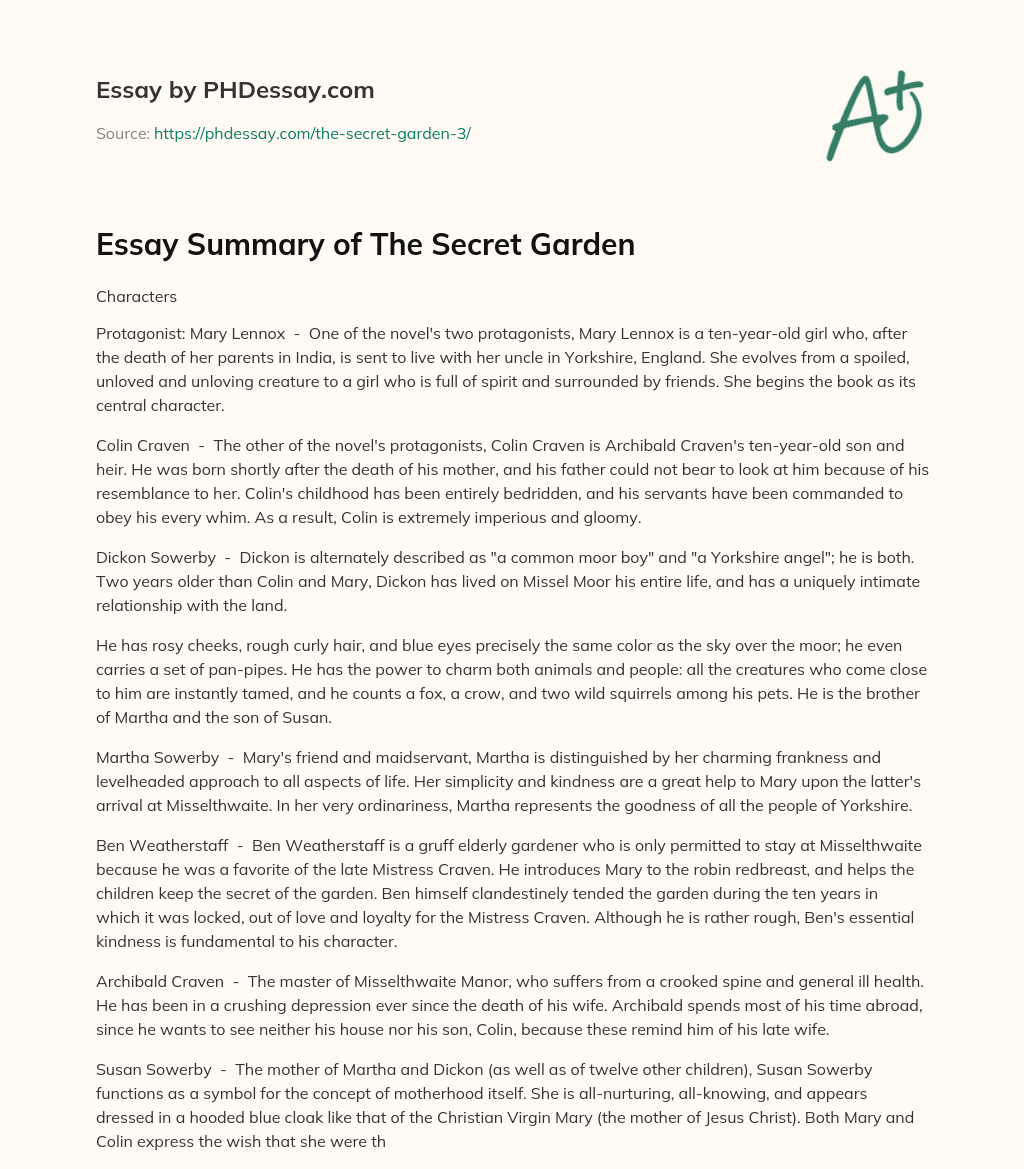 Essay Summary of The Secret Garden - PHDessay.com