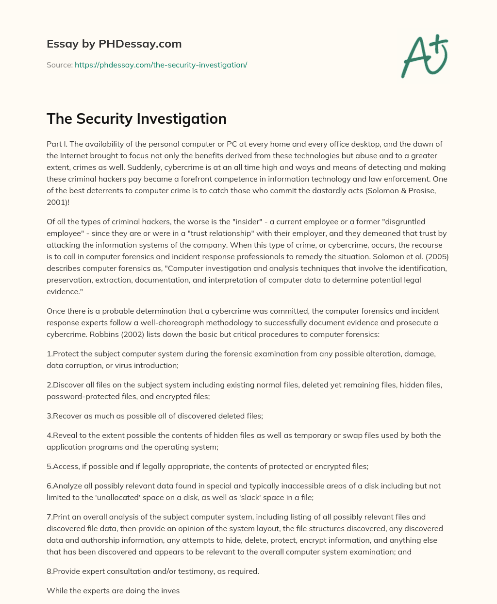 The Security Investigation - PHDessay.com