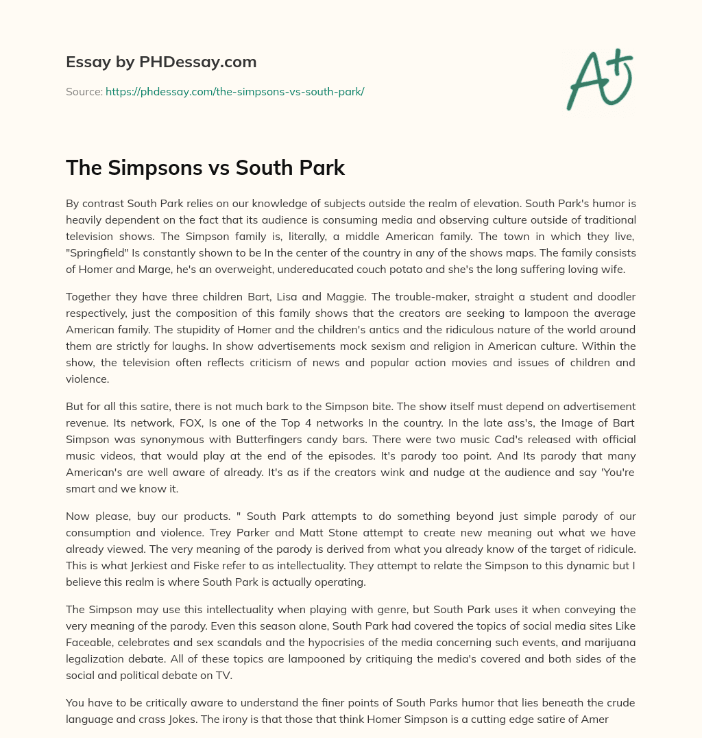 The Simpsons vs South Park (500 Words) - PHDessay.com