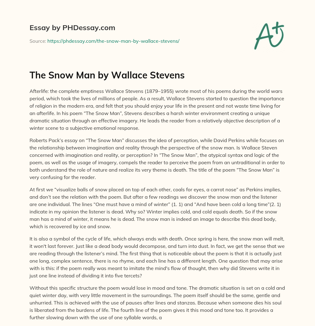 The Snow Man By Wallace Stevens Analysis Example - PHDessay.com