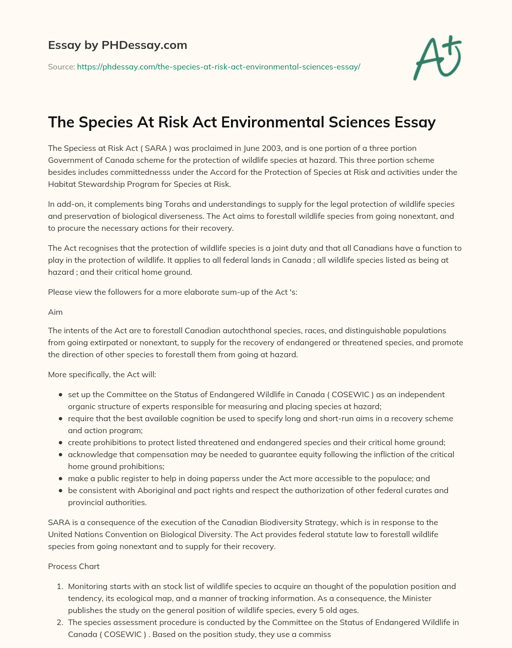 The Species At Risk Act Environmental Sciences Essay - PHDessay.com