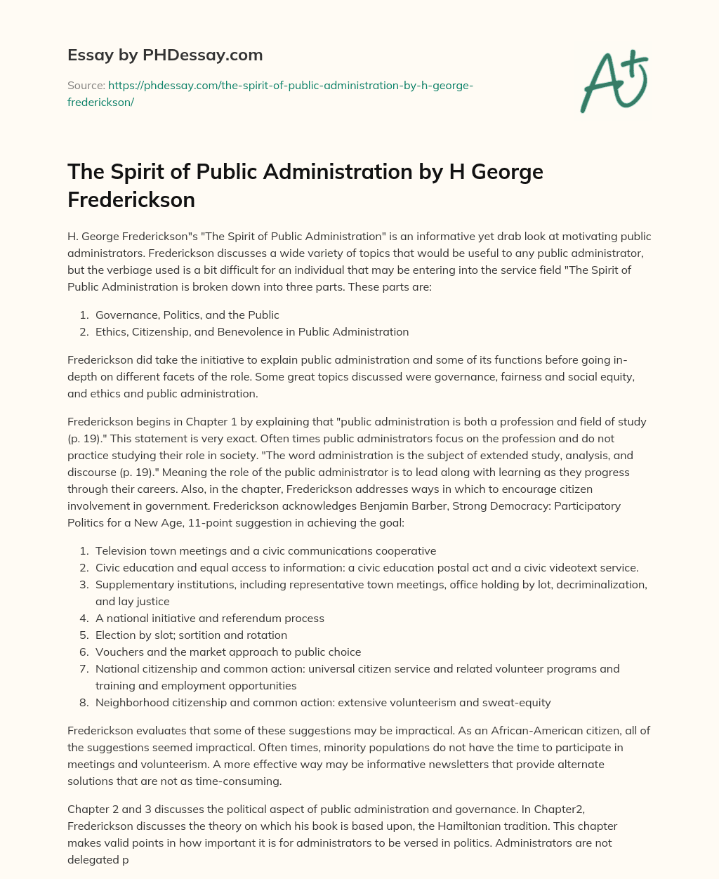 The Spirit Of Public Administration By H George Frederickson Essay ...