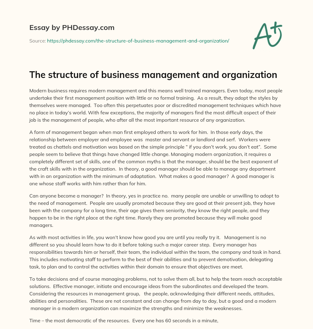 The structure of business management and organization - PHDessay.com