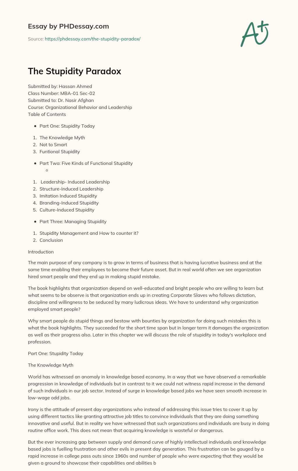 The Stupidity Paradox Essay Example - PHDessay.com