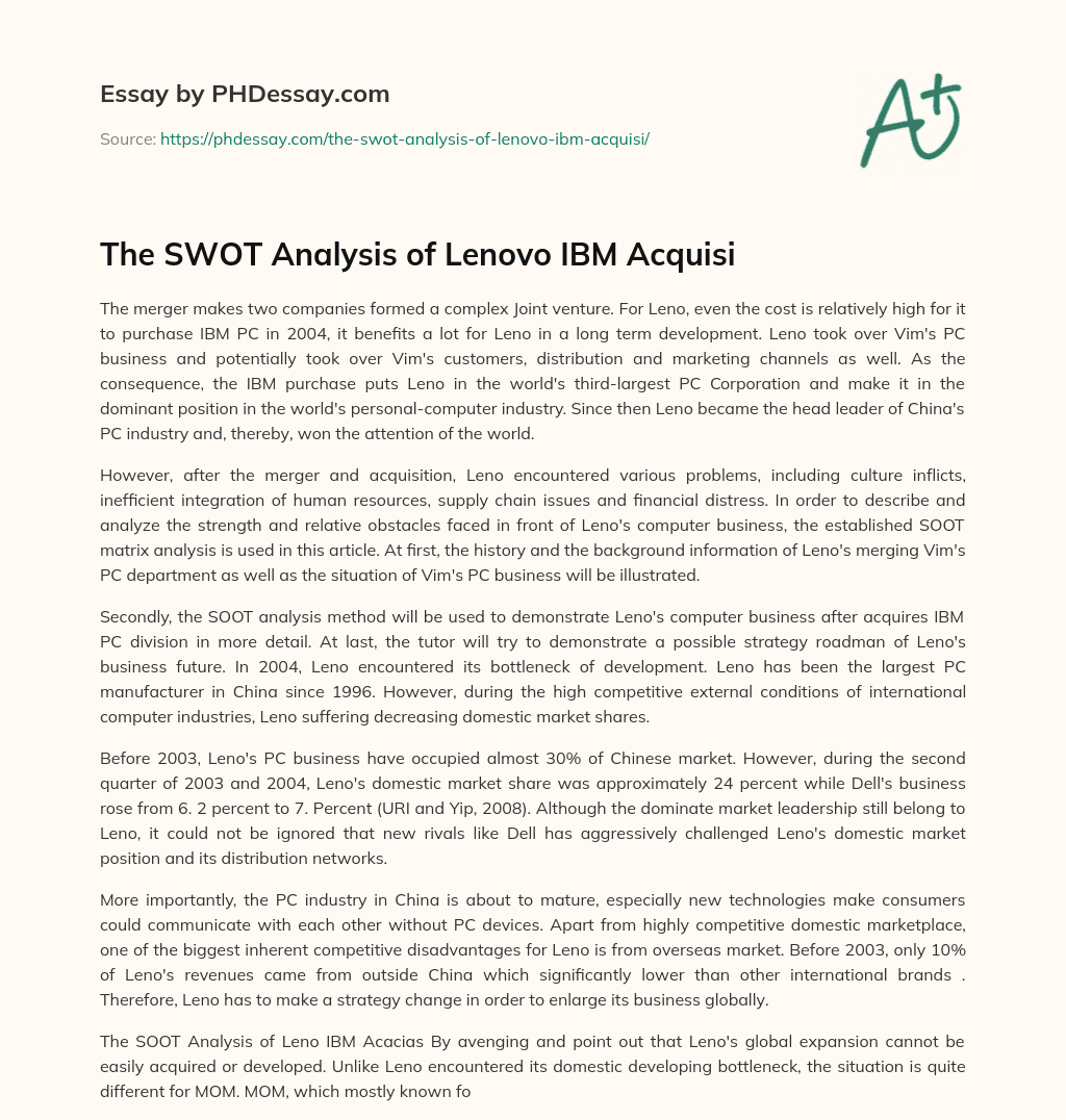 The SWOT Analysis of Lenovo IBM Acquisi - PHDessay.com
