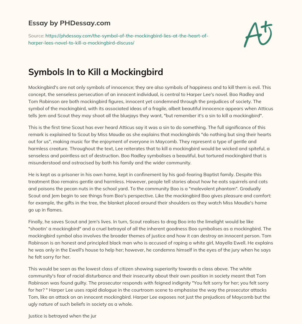 Symbols In To Kill A Mockingbird Definition Example (600 Words ...