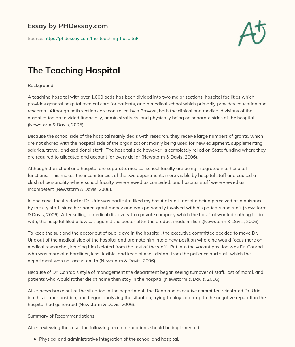 The Teaching Hospital - PHDessay.com
