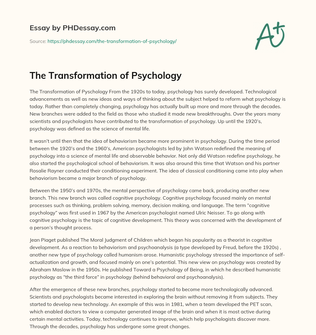 The Transformation of Psychology (500 Words) - PHDessay.com