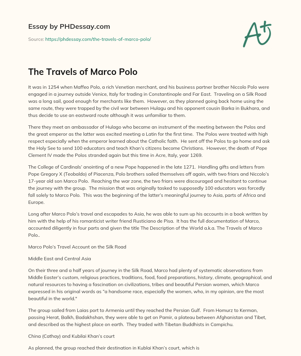 The Travels of Marco Polo - PHDessay.com
