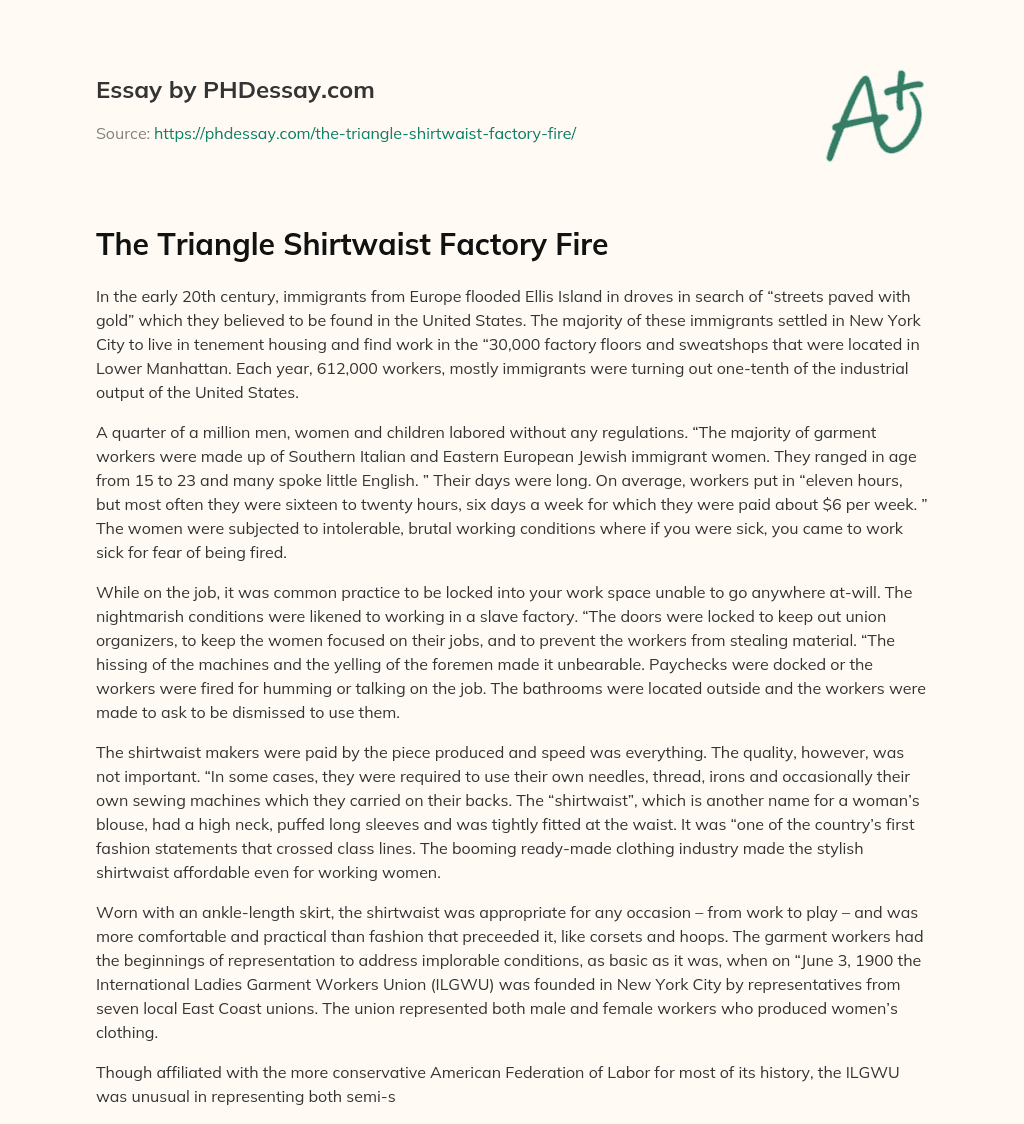 The Triangle Shirtwaist Factory Fire - PHDessay.com