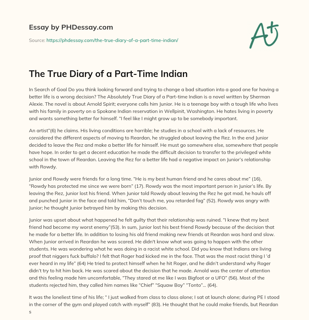 The True Diary of a Part-Time Indian - PHDessay.com