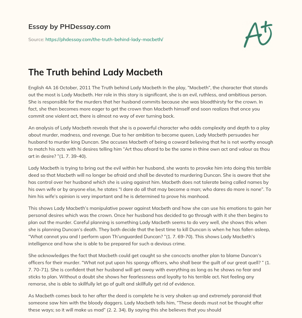 The Truth behind Lady Macbeth - PHDessay.com