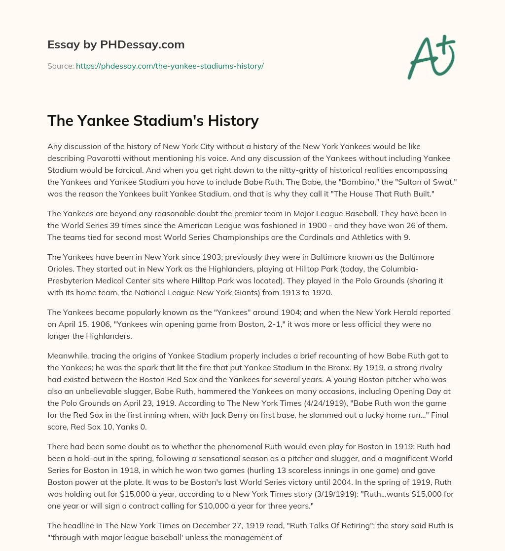 The Yankee Stadium's History - PHDessay.com