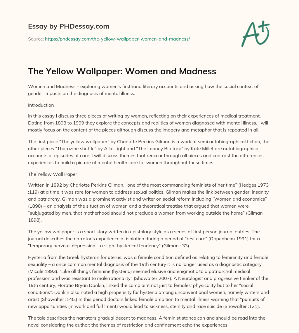 The Yellow Wallpaper: Women and Madness - PHDessay.com