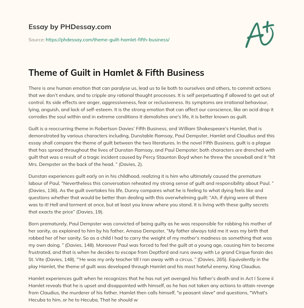 Theme of Guilt in Hamlet & Fifth Business - PHDessay.com