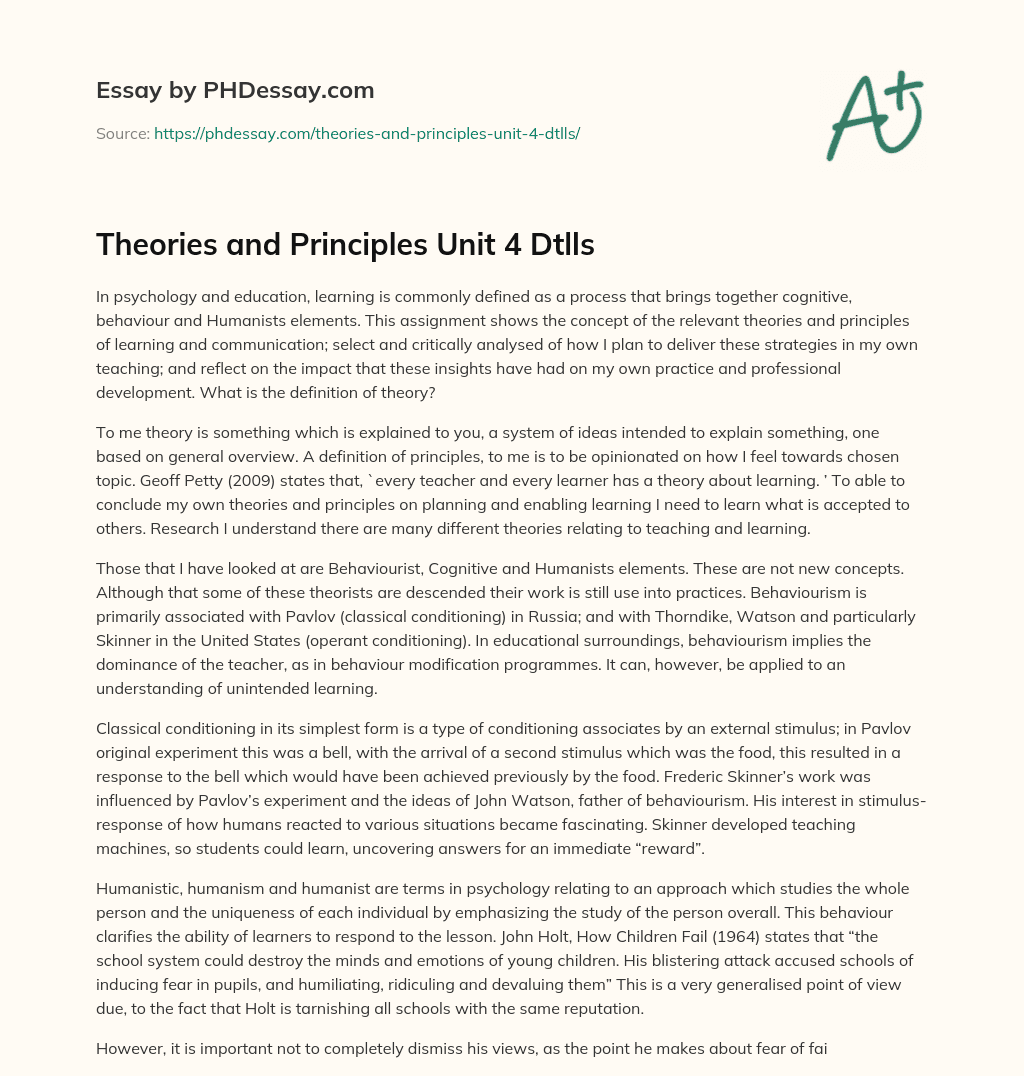 Theories And Principles Unit 4 Dtlls Essay Example - PHDessay.com