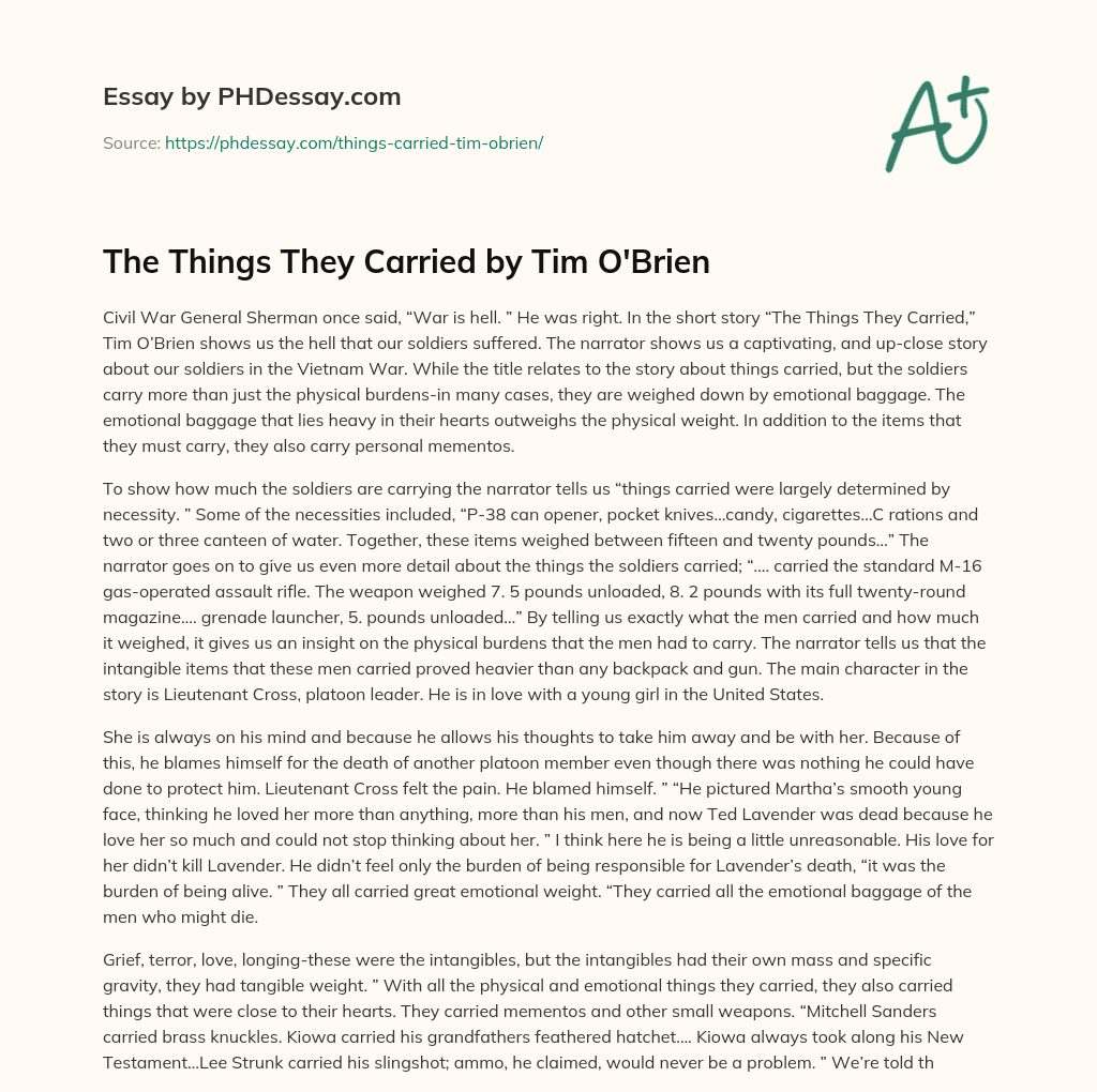 The Things They Carried by Tim O'Brien (600 Words) - PHDessay.com