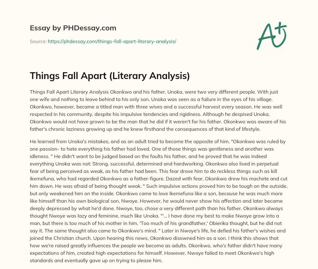 Things Fall Apart (Literary Analysis) (400 Words) - PHDessay.com