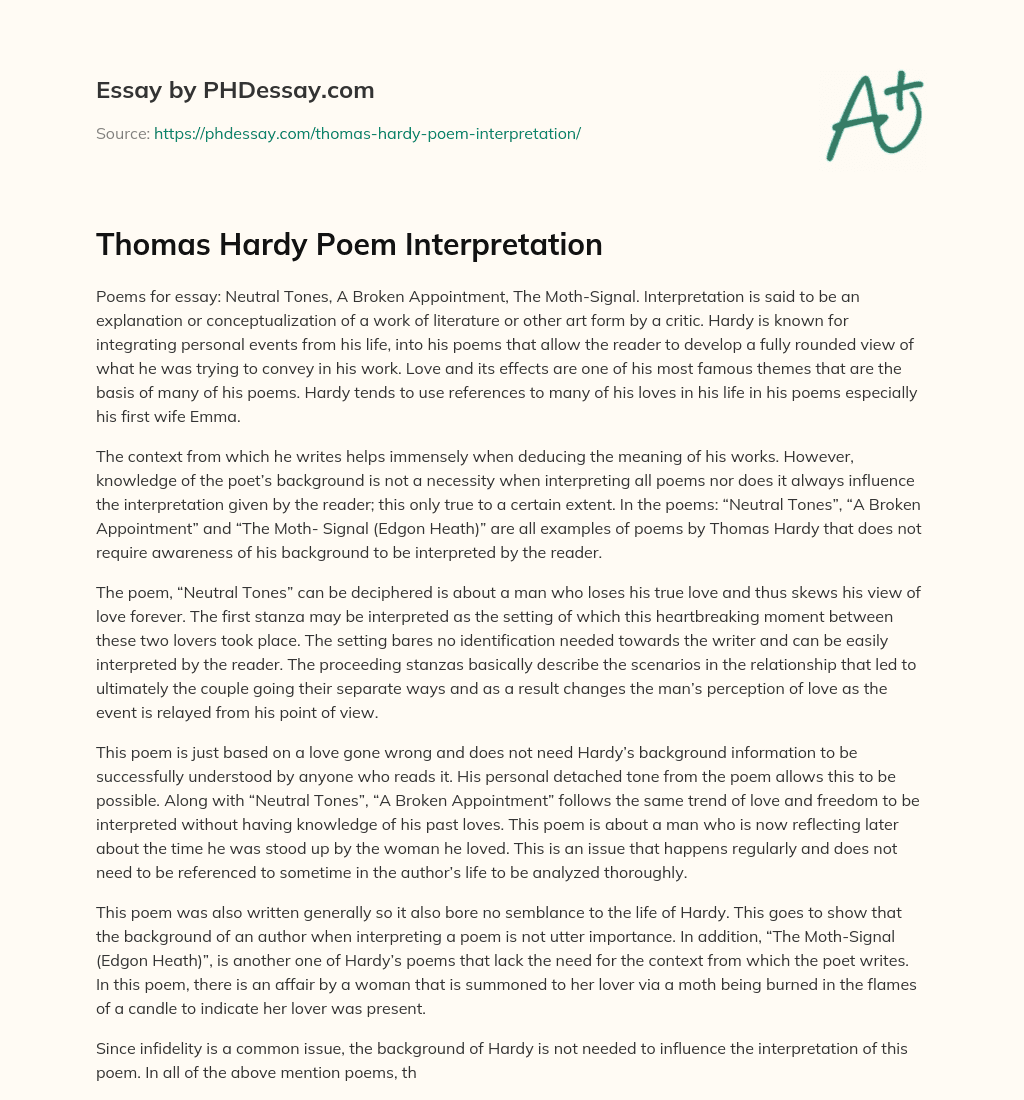 Thomas Hardy Poem Interpretation (600 Words) - PHDessay.com