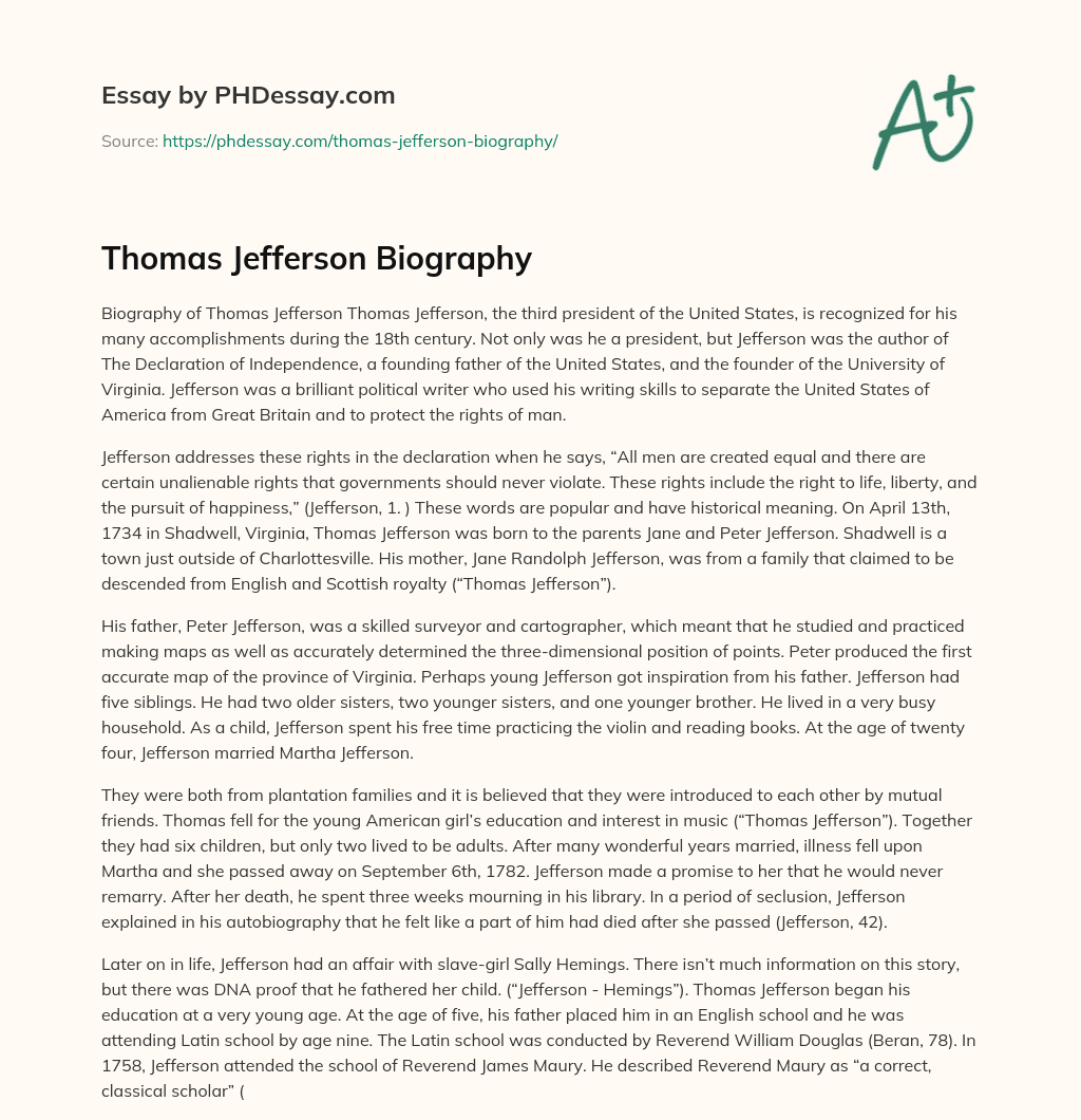 Thomas Jefferson Biography - PHDessay.com