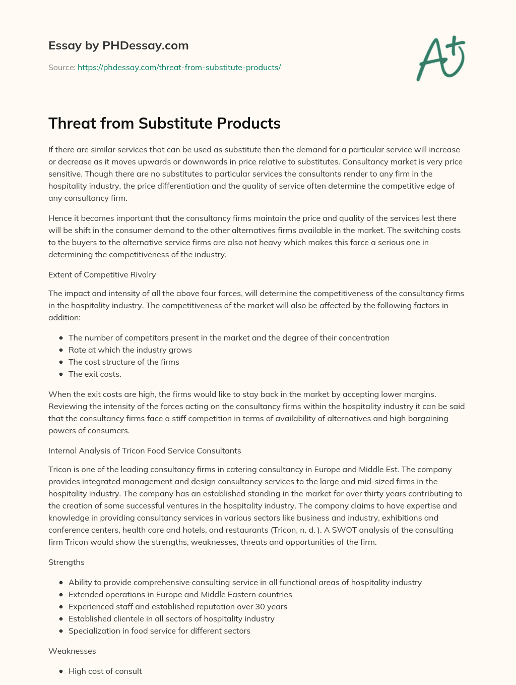 Threat from Substitute Products - PHDessay.com