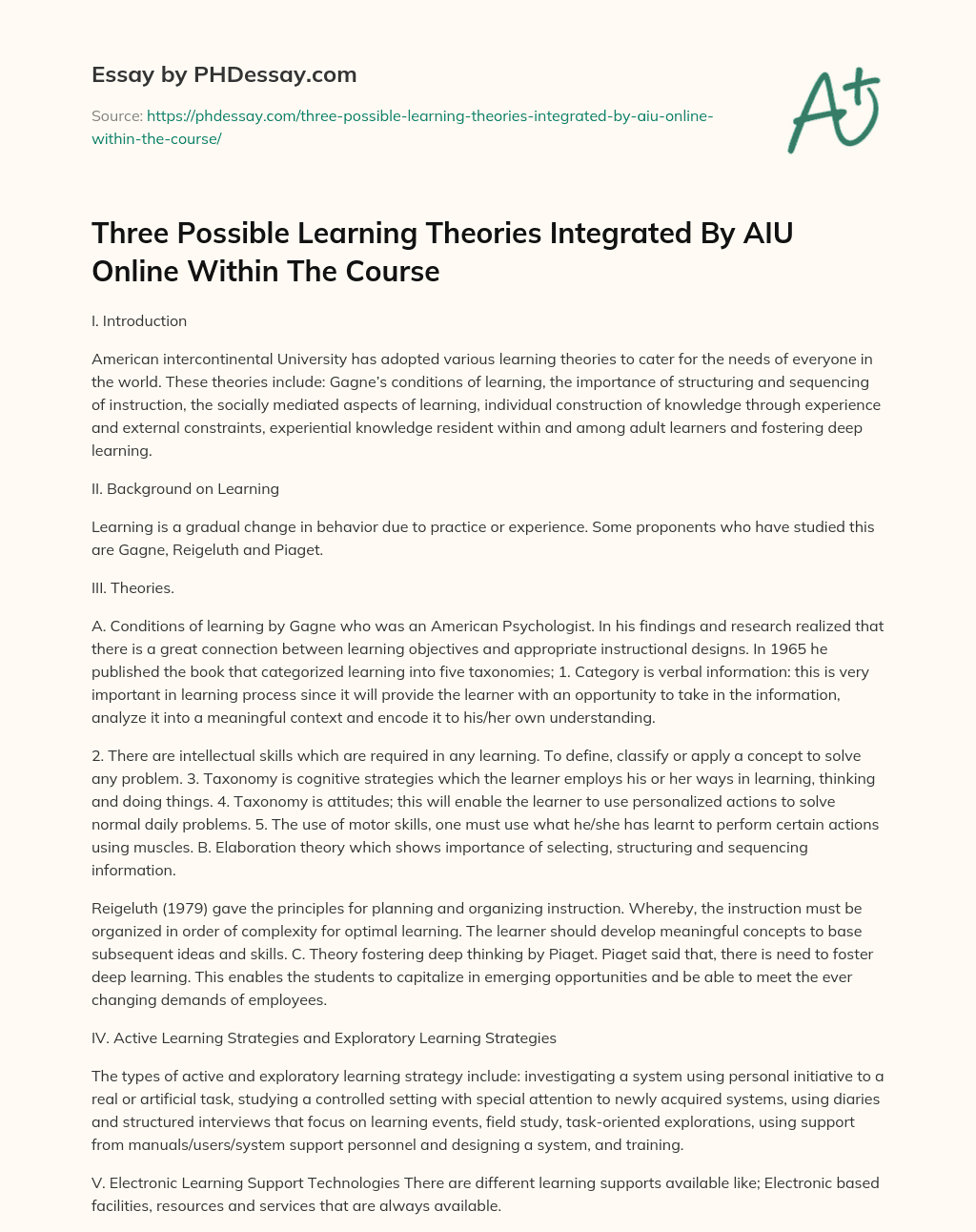 Three Possible Learning Theories Integrated By AIU Online Within The Course (500 Words ...