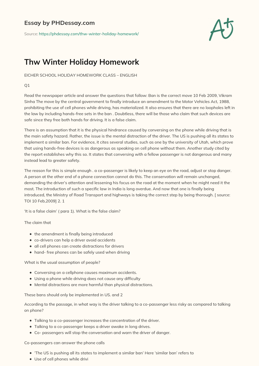 Thw Winter Holiday Homework - PHDessay.com