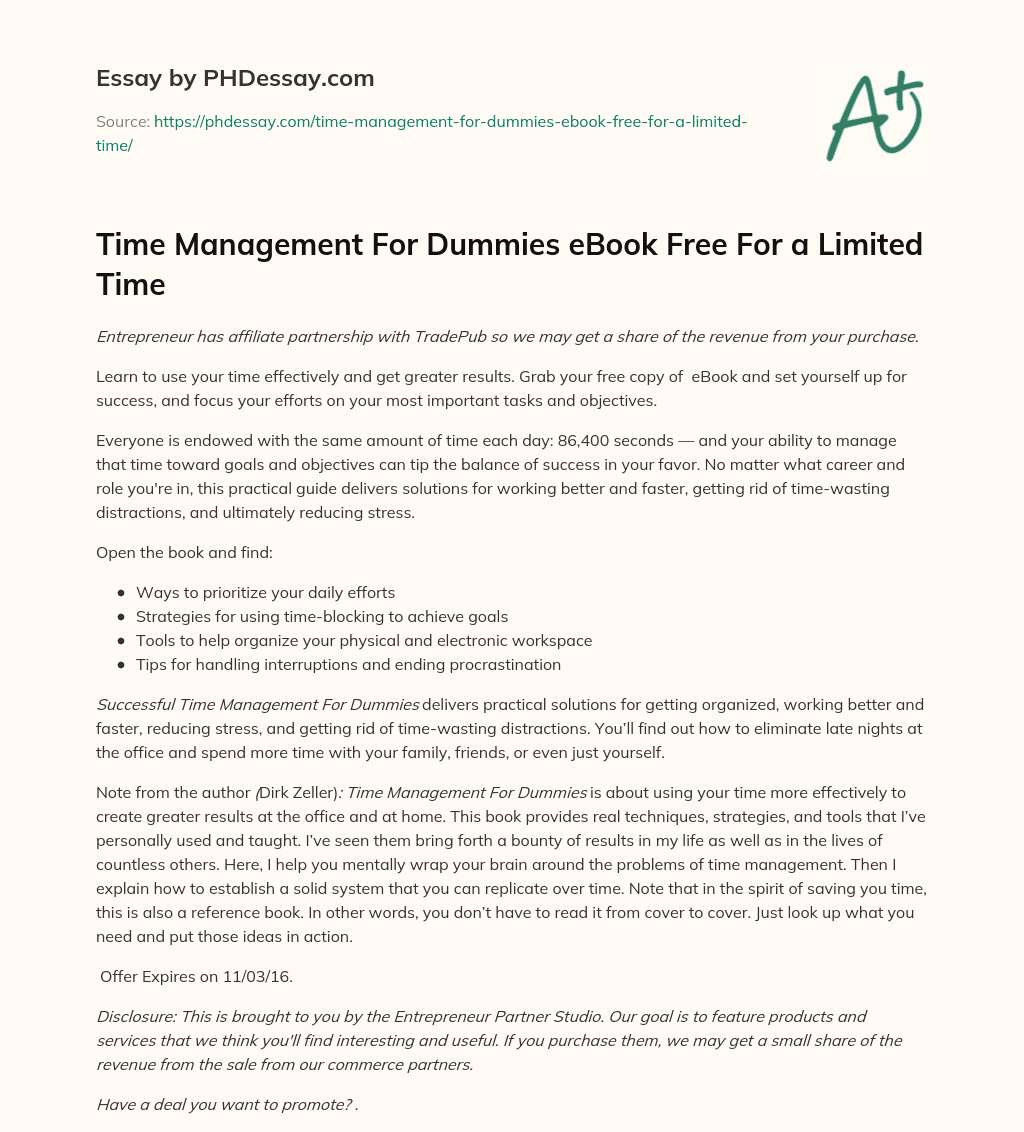 Time Management For Dummies eBook Free For a Limited Time (400 Words ...