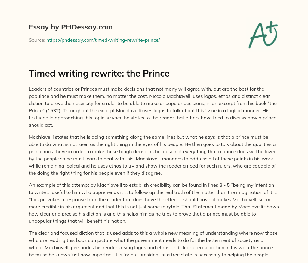 Timed writing rewrite: the Prince (400 Words) - PHDessay.com