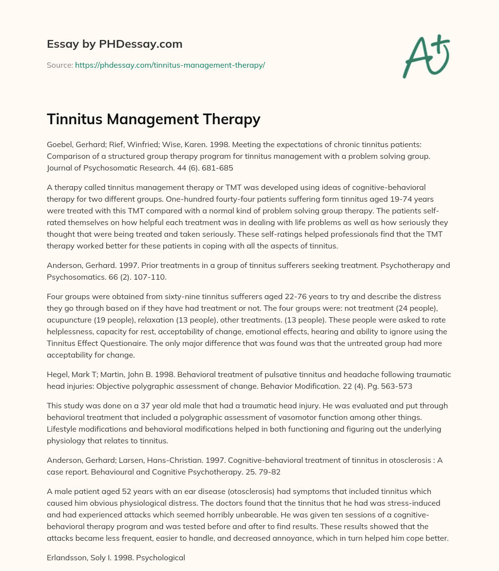 Tinnitus Management Therapy (500 Words) - PHDessay.com