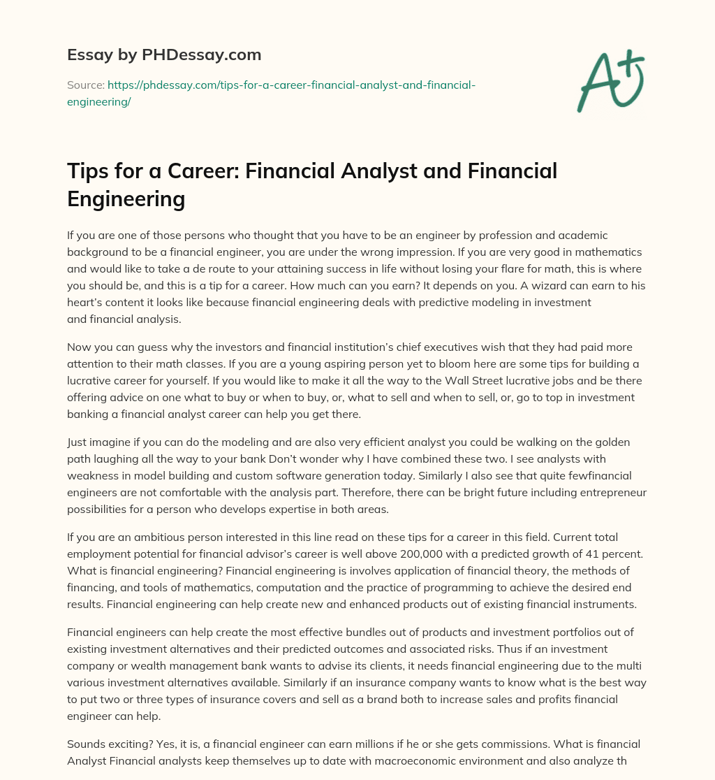 Tips For A Career: Financial Analyst And Financial Engineering Analysis Example - PHDessay.com