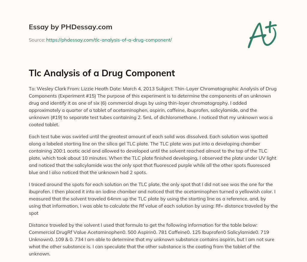 Tlc Analysis of a Drug Component (300 Words) - PHDessay.com