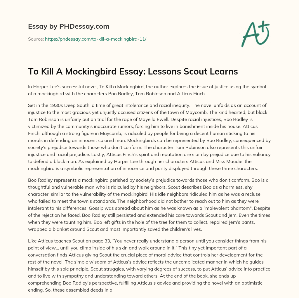 To Kill A Mockingbird Essay: Lessons Scout Learns - PHDessay.com