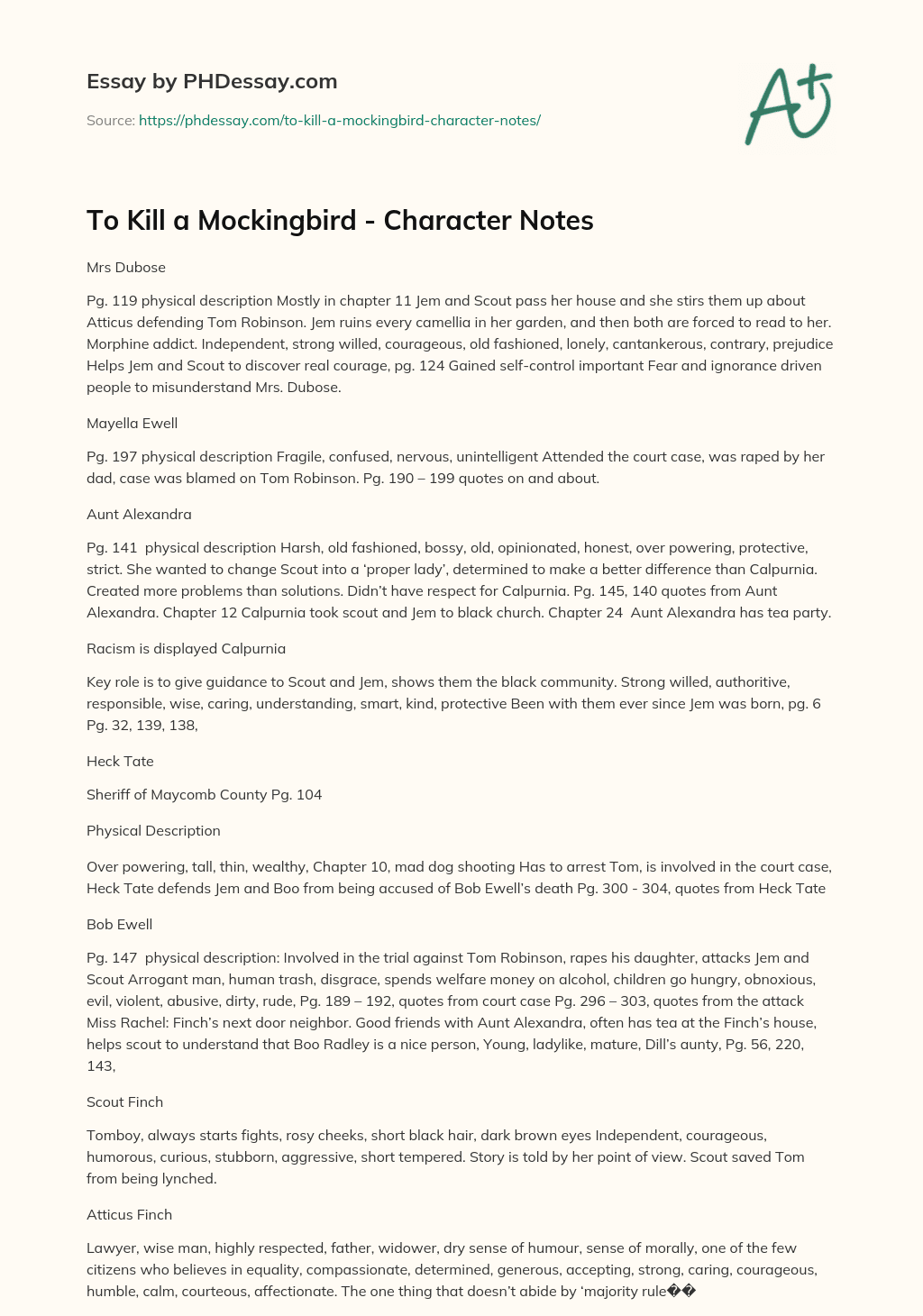 To Kill a Mockingbird - Character Notes - PHDessay.com