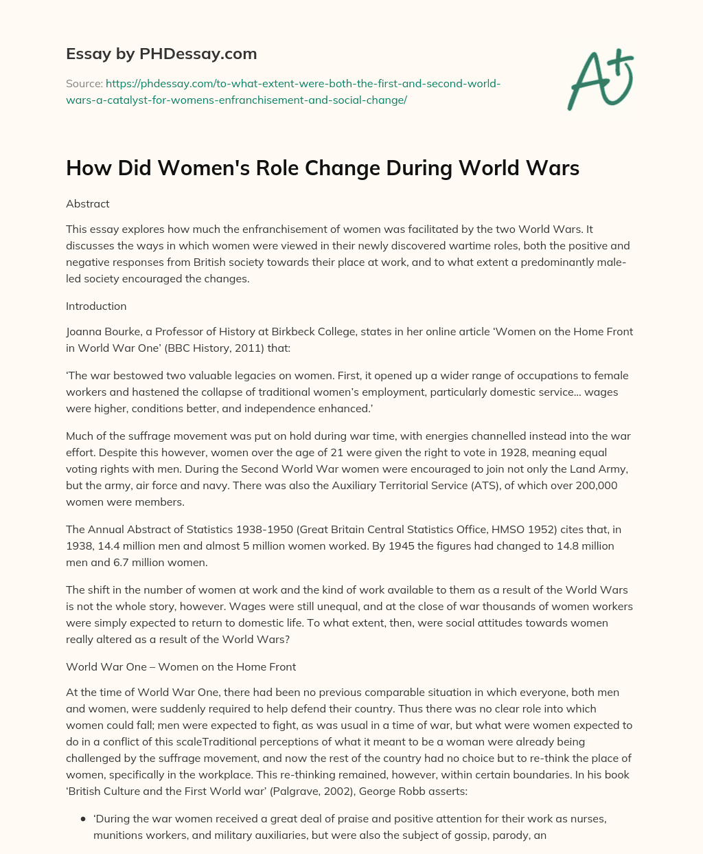How Did Women's Role Change During World Wars - PHDessay.com