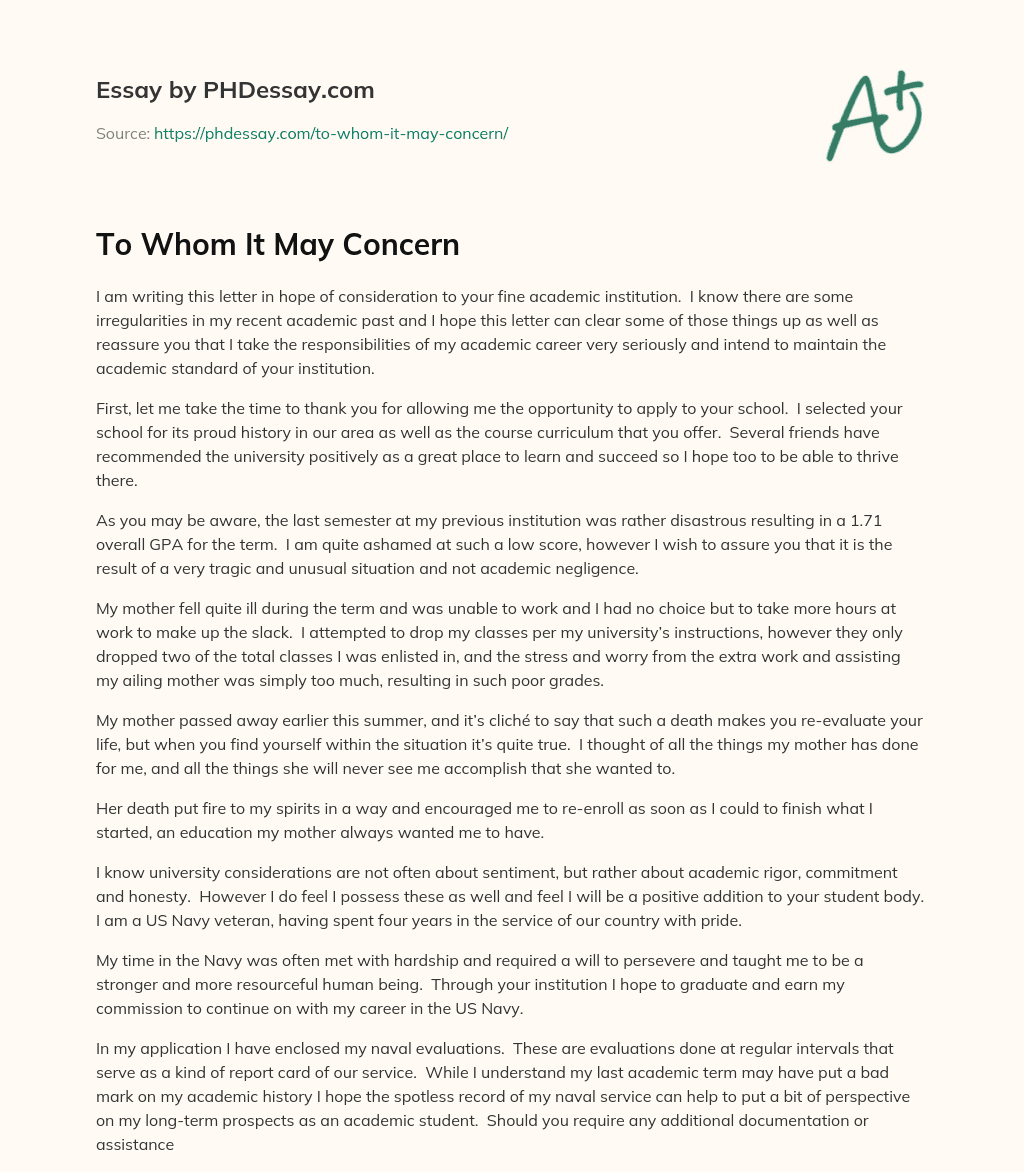 To Whom It May Concern (600 Words) - PHDessay.com