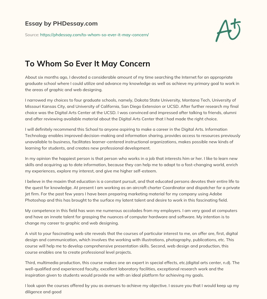 To Whom So Ever It May Concern (500 Words) - PHDessay.com