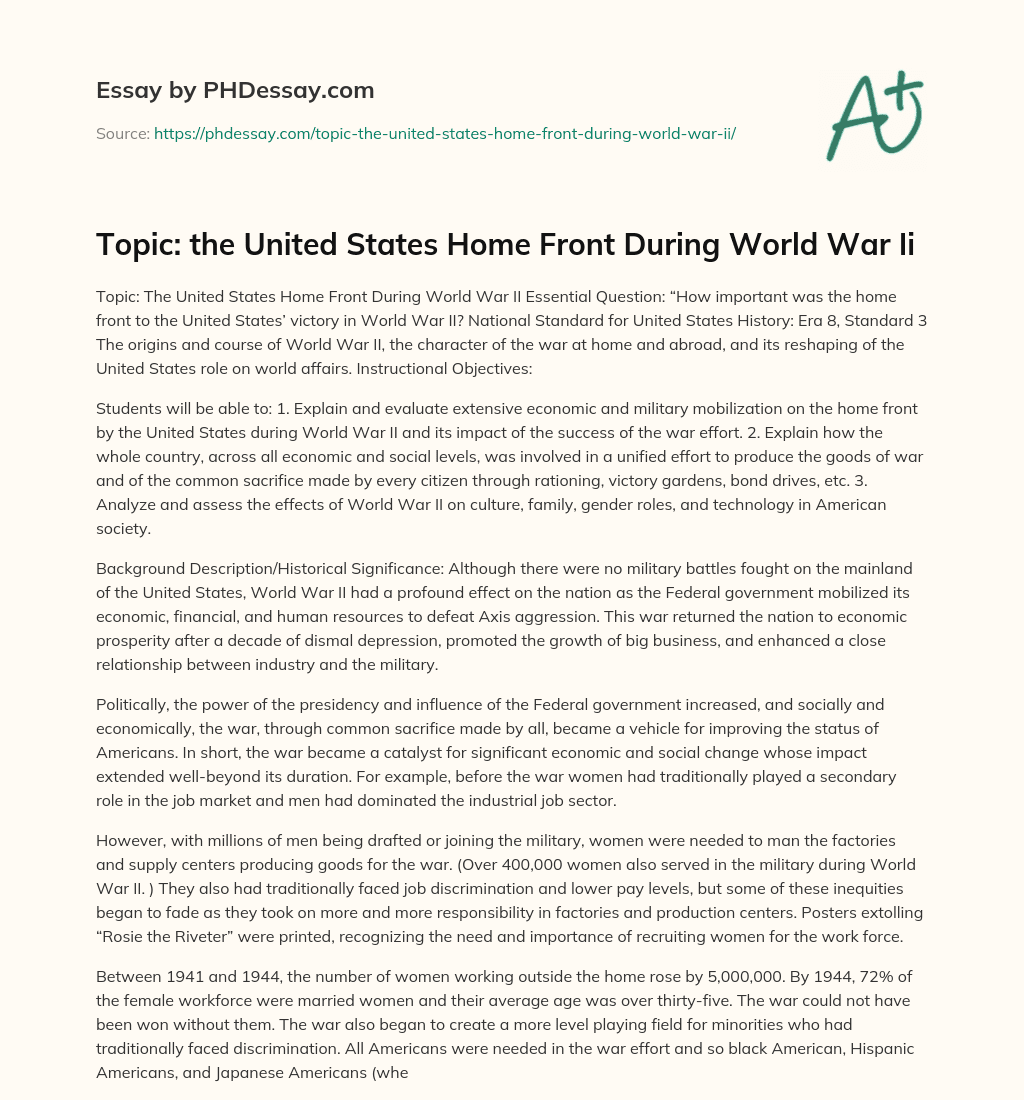 Topic: the United States Home Front During World War Ii - PHDessay.com