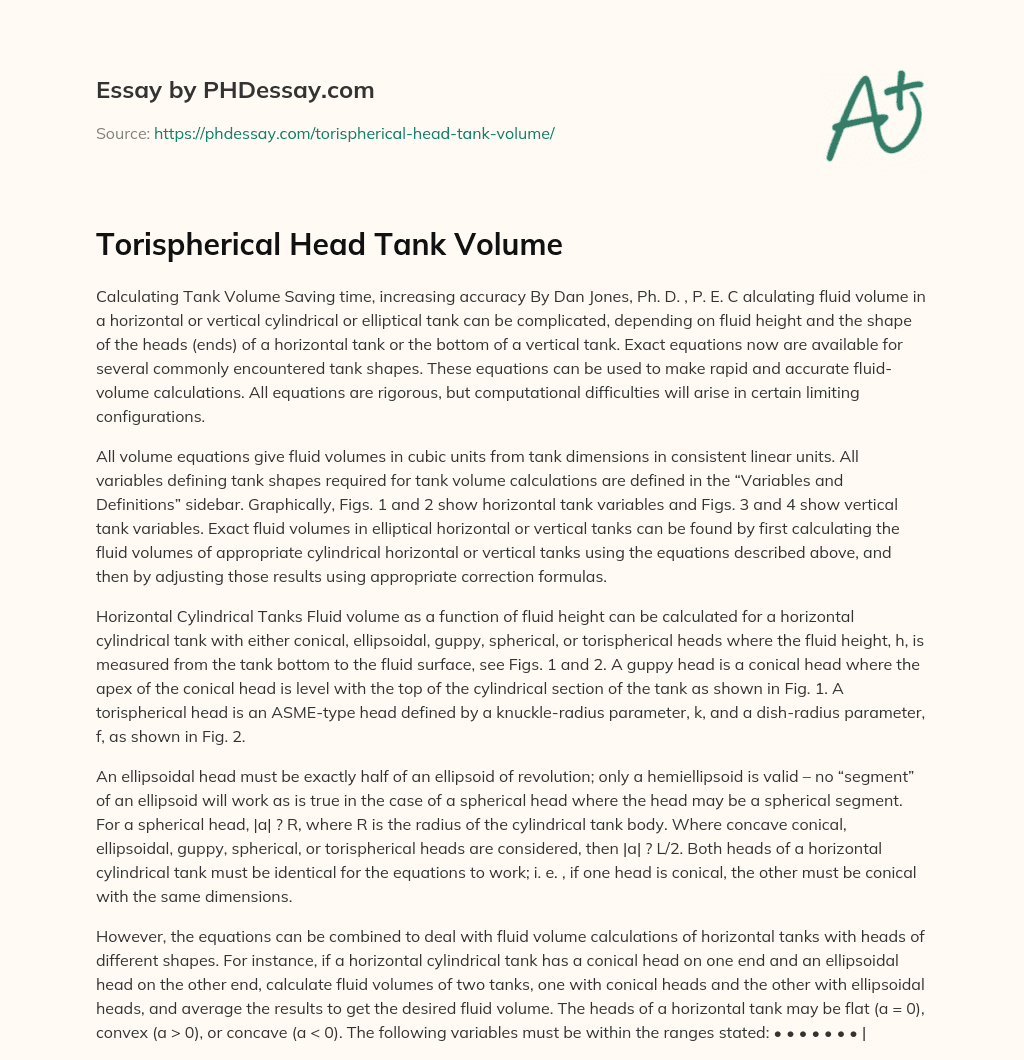 Torispherical Head Tank Volume Definition Example - PHDessay.com