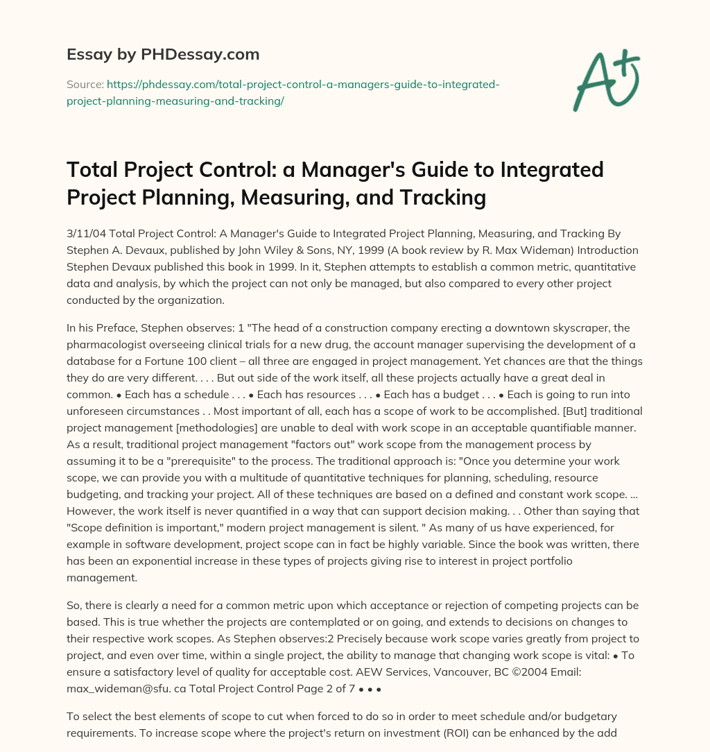 Total Project Control: a Manager's Guide to Integrated Project Planning, Measuring, and Tracking ...