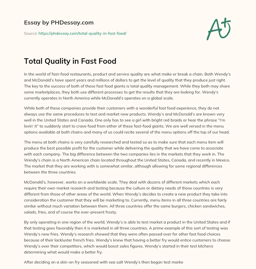 Total Quality in Fast Food - PHDessay.com
