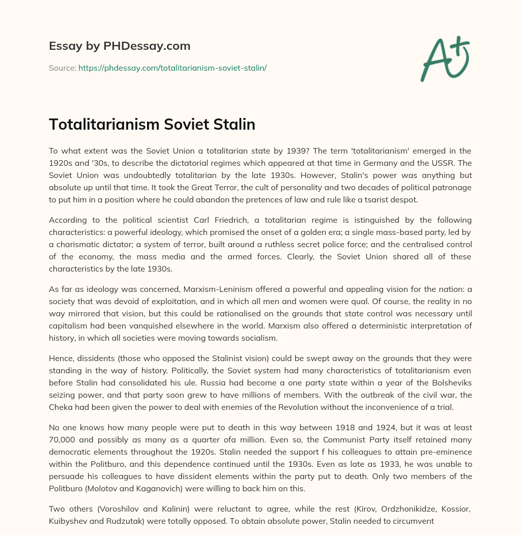 Totalitarianism Soviet Stalin - PHDessay.com
