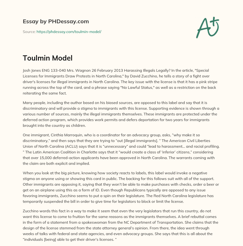 Toulmin Model - PHDessay.com